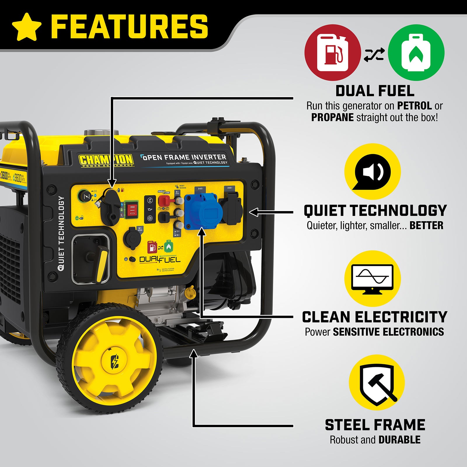 Champion 3600W Dual Fuel Petrol and LPG Gas Generator | Bimson Power